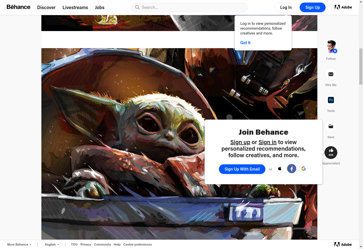 Search and like a project on Behance